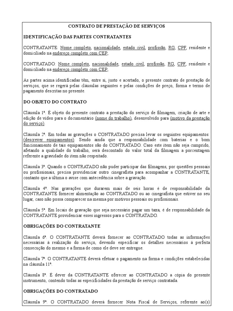 Modelo de contrato de prestação de serviços