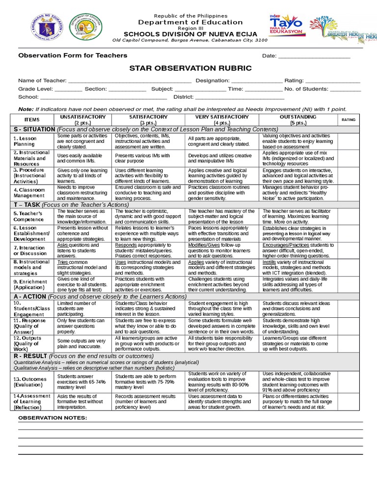 Rubric STAR Observation | PDF | Educational Assessment | Action ...