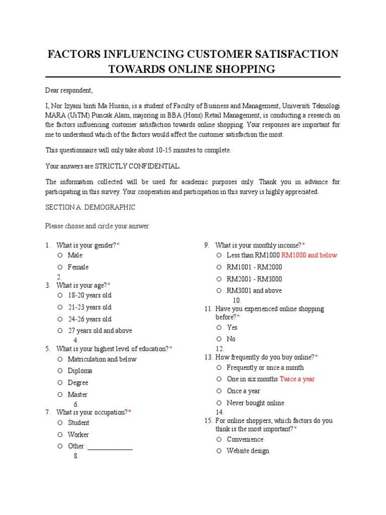 Questionnaire Factors Influencing Consumer Satisfaction Towards Online ...