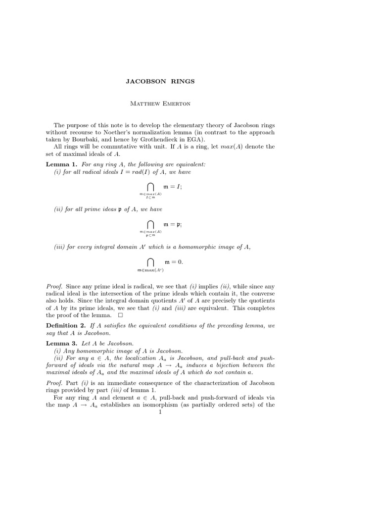 Jacobson Rings | PDF | Ring (Mathematics) | Field (Mathematics)