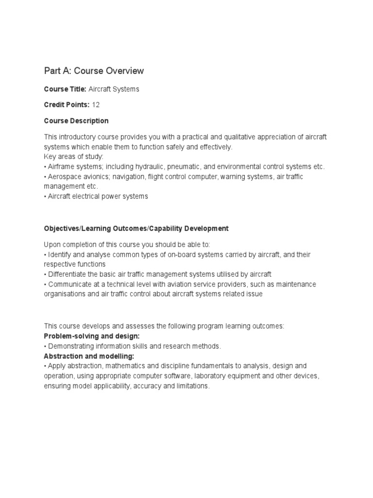 Part A: Course Overview: Course Title: Aircraft Systems Credit Points ...