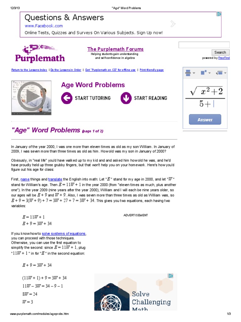 Age Word Problems | PDF | Variable (Mathematics) | Equations