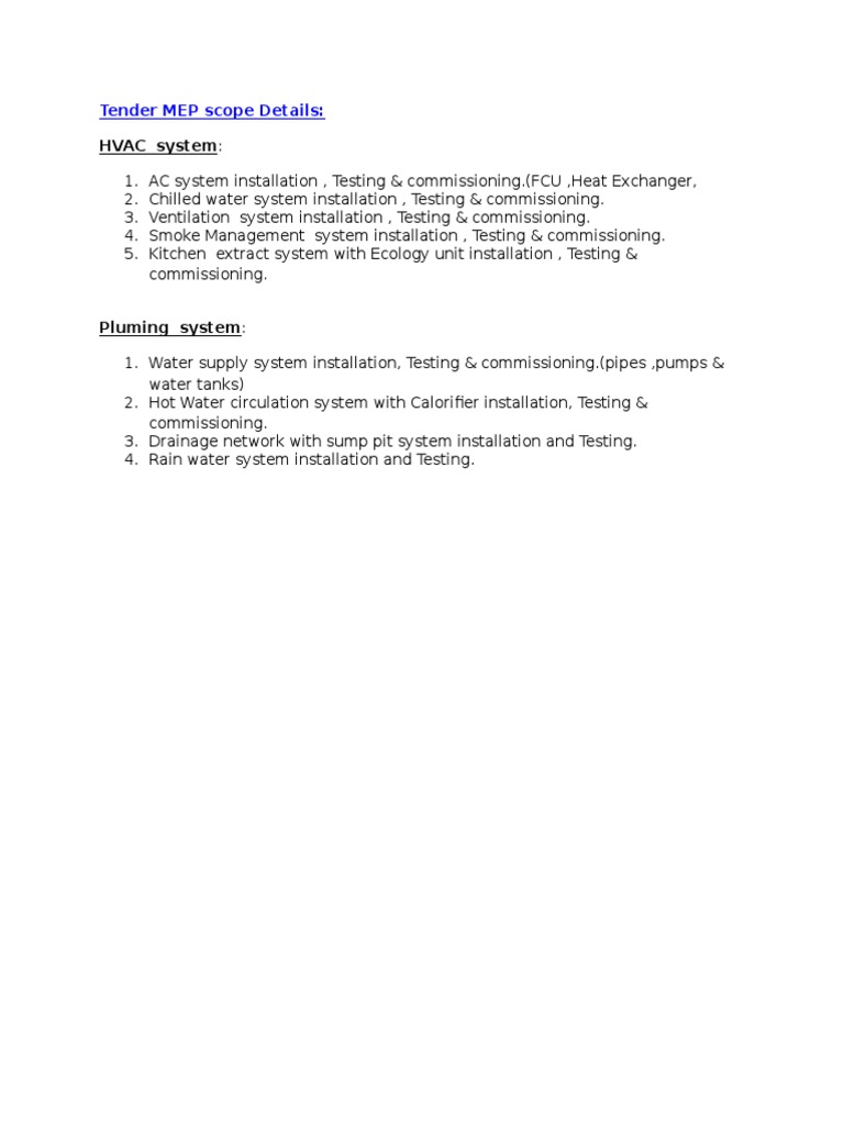 MEP Tender Scope Overview | PDF