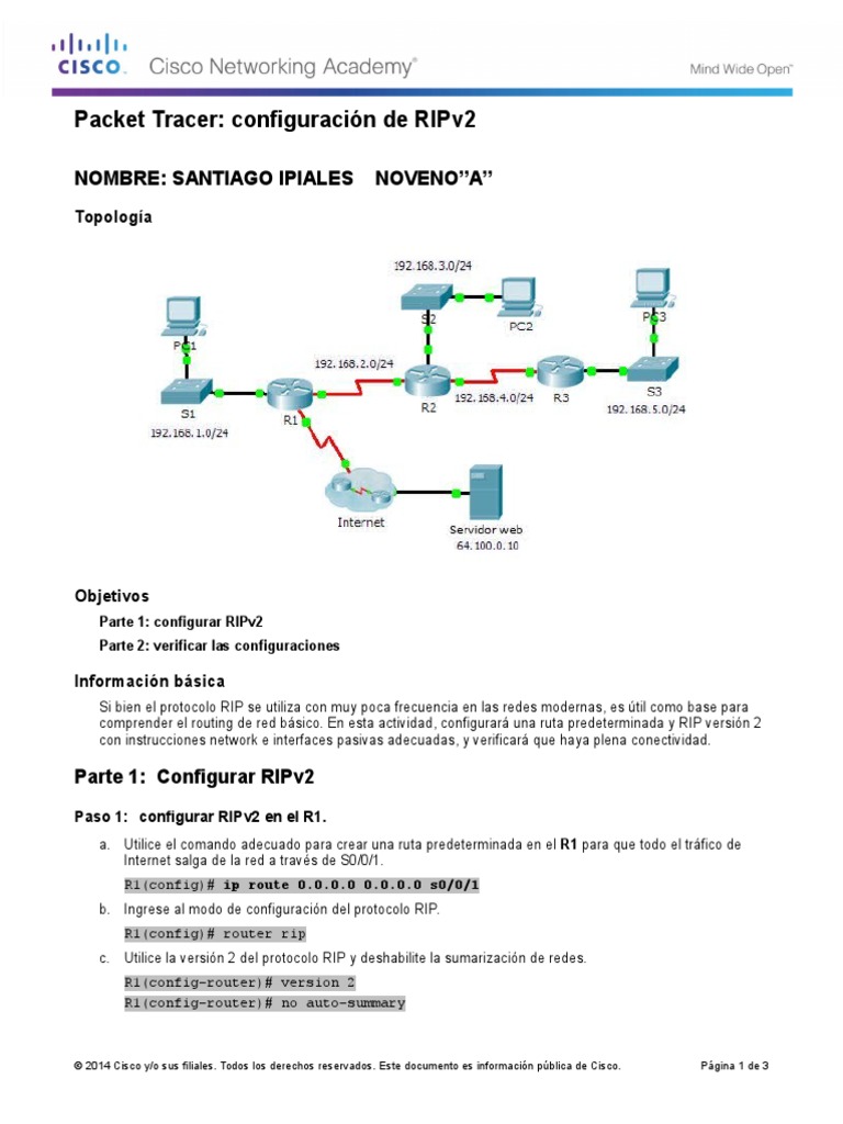 7.3.1.8 Packet Tracer - Configuring RIPv2 Instructions | PDF | Protocolos de capa de red ...