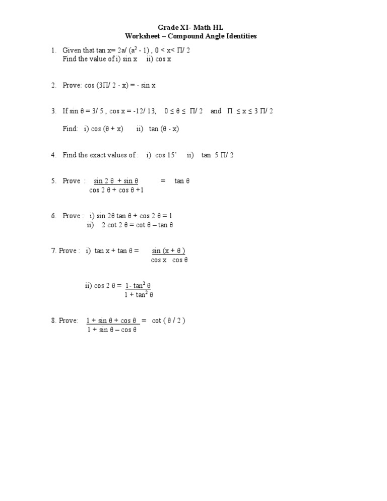 Compound Angle Identities - Grade XI | PDF