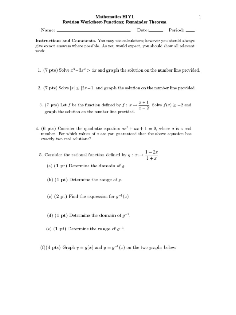 Mathematics HL Y1 Revision Worksheet-Functions Remainder Theorem | PDF | Business