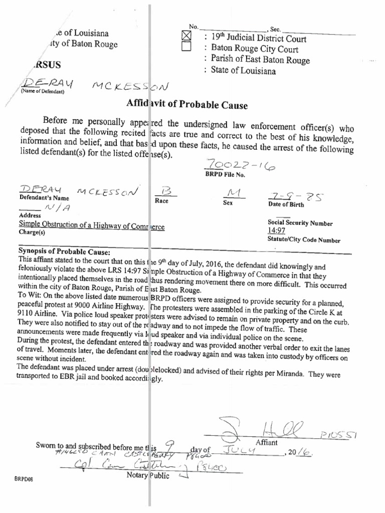 Deray Mckesson Affidavit of Probable Cause | PDF