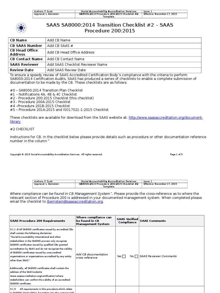 SA8000.2014 Procedure 200 Checklist #2 | PDF | Audit | Business