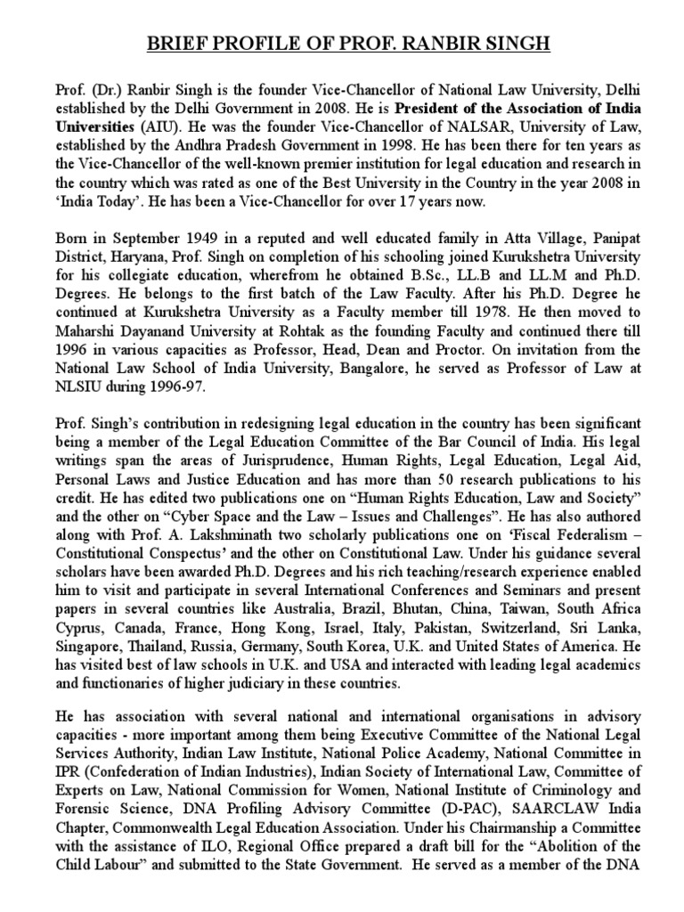 Prof - Ranbir Singh Brief Biodata | PDF | Legal Education | Law School