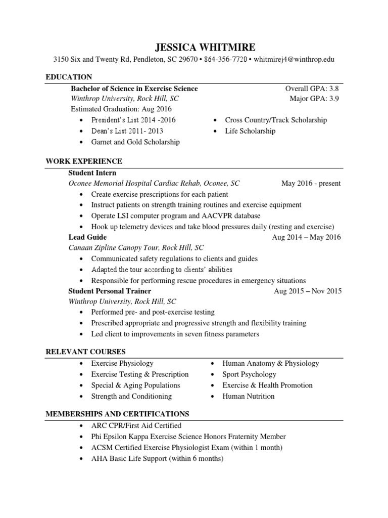 Jessica Whitmire's Exercise Science Resume | PDF