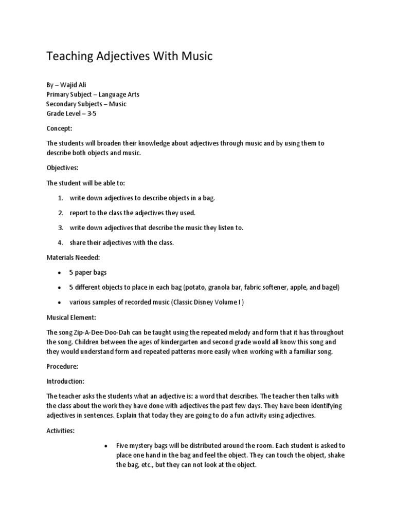 Teaching Adjectives With Music Lesson | Download Free PDF | Adjective ...