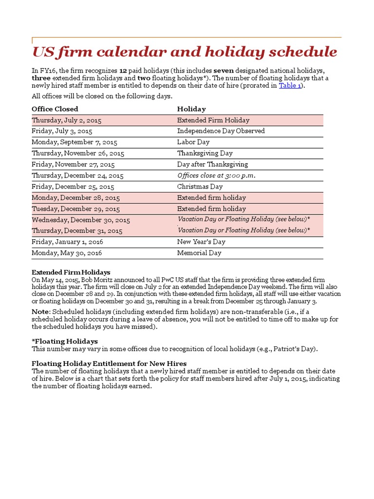 US Firm Calendar and Holiday Schedule FY16 | PDF | Holidays ...