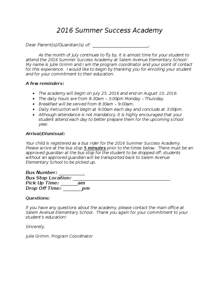 Bus Rider Summer School Letter | PDF | Learning | Schools