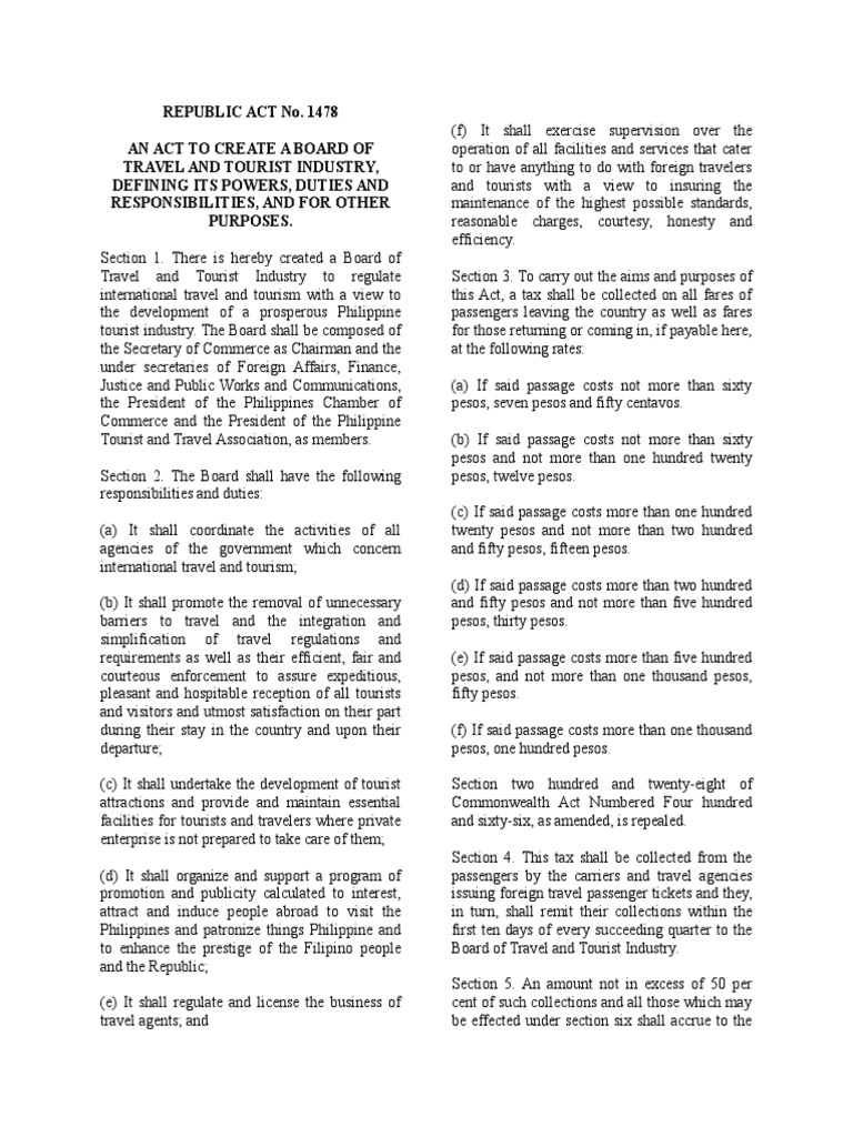 Ra 1478 | PDF | Tourism | Philippines