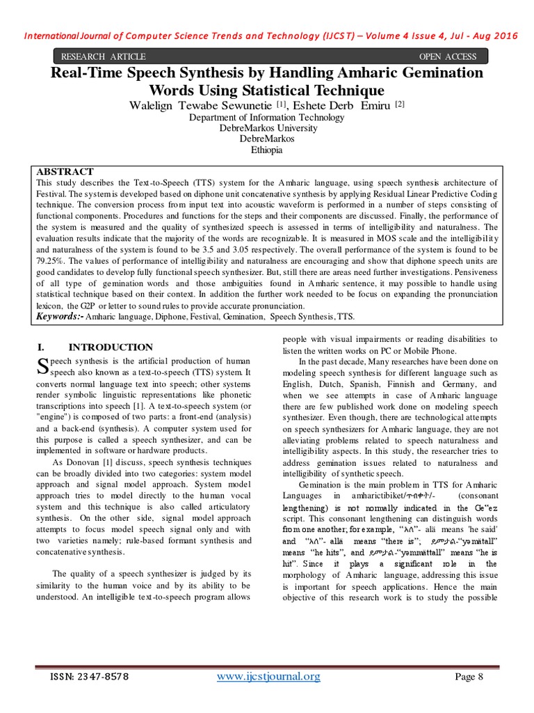 (IJCST-V4I4P2) :walelign Tewabe Sewunetie, Eshete Derb Emiru | PDF | Speech Synthesis | Vowel