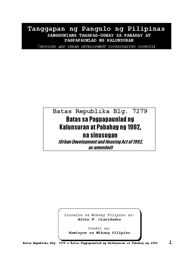 Batas Republika BLG 7279 Na Sinusugan (UDHA) - Salin Sa Tagalog Ni ...
