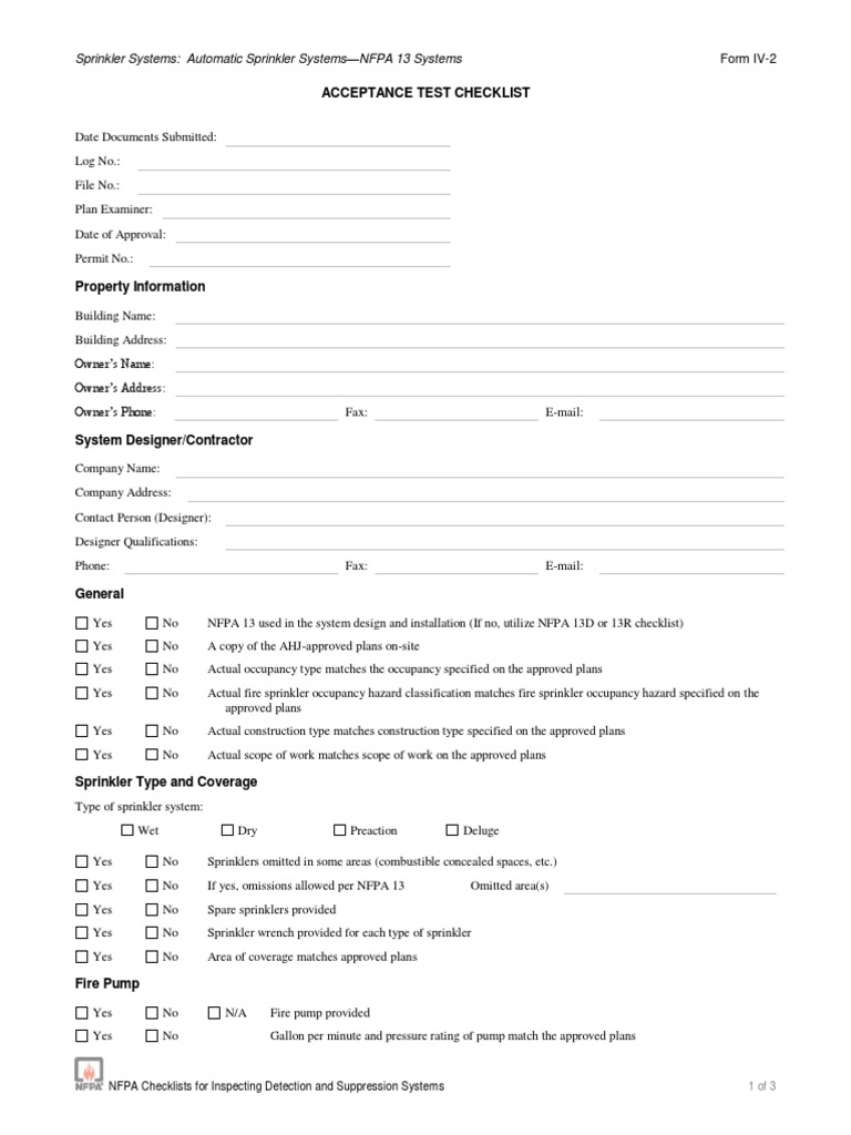 NFPA 13 Sprinkler System Acceptance Checklist | PDF | Fire Sprinkler ...