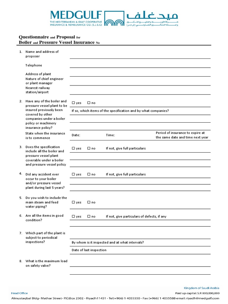 Boiler & Pressure Vessel Proposal Form - EnGLISH | PDF | Boiler | Insurance