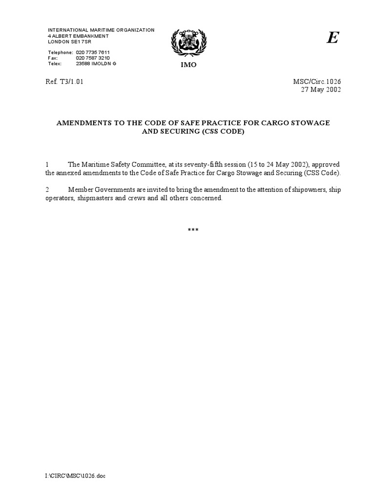 MSC.1-Circ.1026 - Amendments To The Code of Safe Practice For Cargo ...
