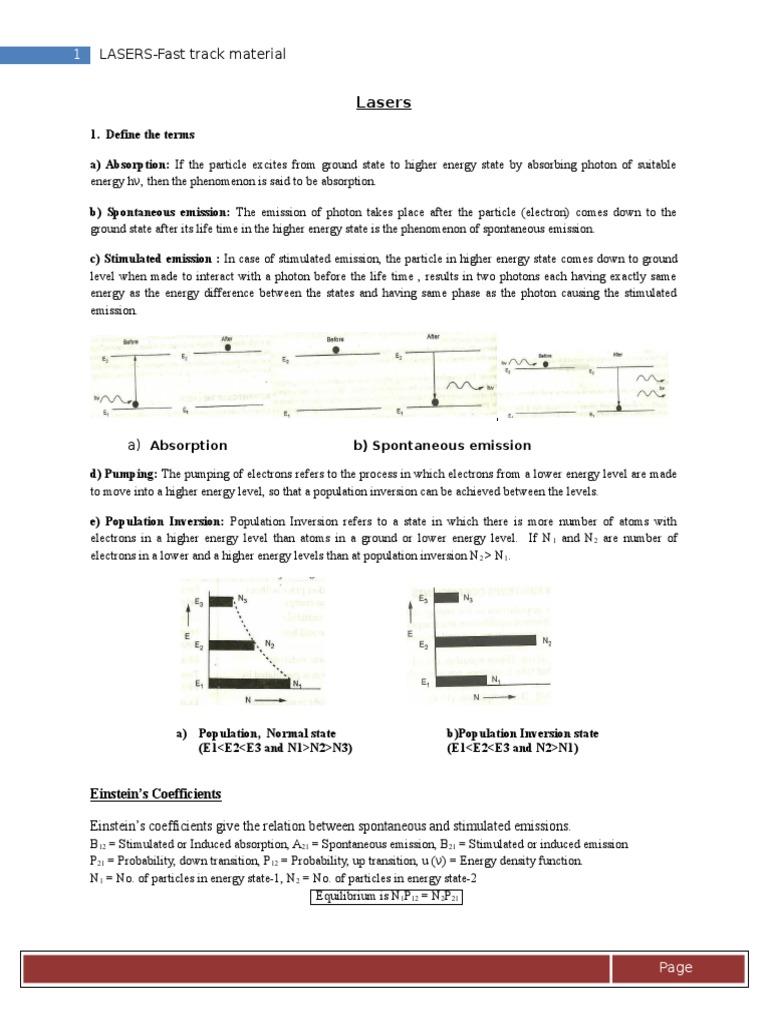 Lasers-Simplified Notes | PDF | Laser | Emission Spectrum
