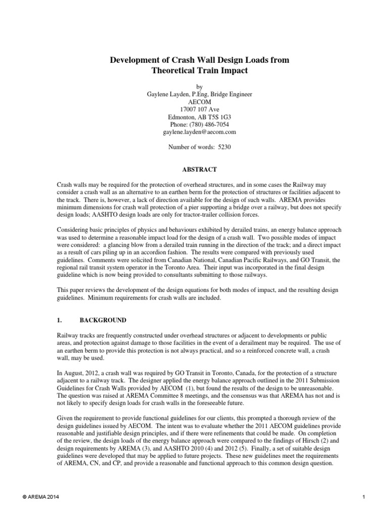 Development of Crash Wall Design Loads From Theoretical Train Impact ...