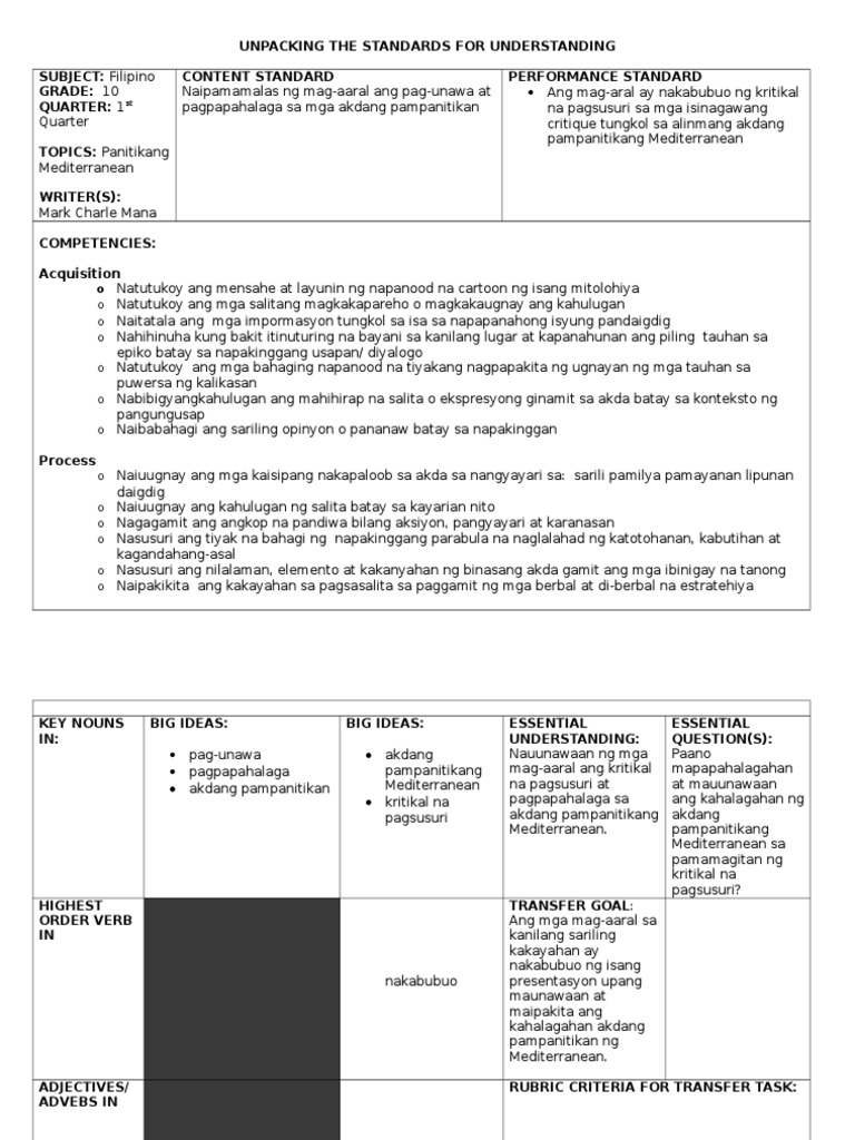 Unpacking The Standards For Understanding | PDF