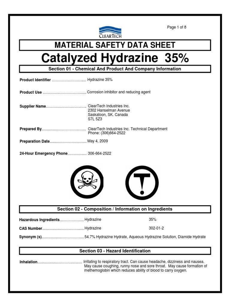 Catalyzed Hydrazine 35% | Bleach | Properties Of Water