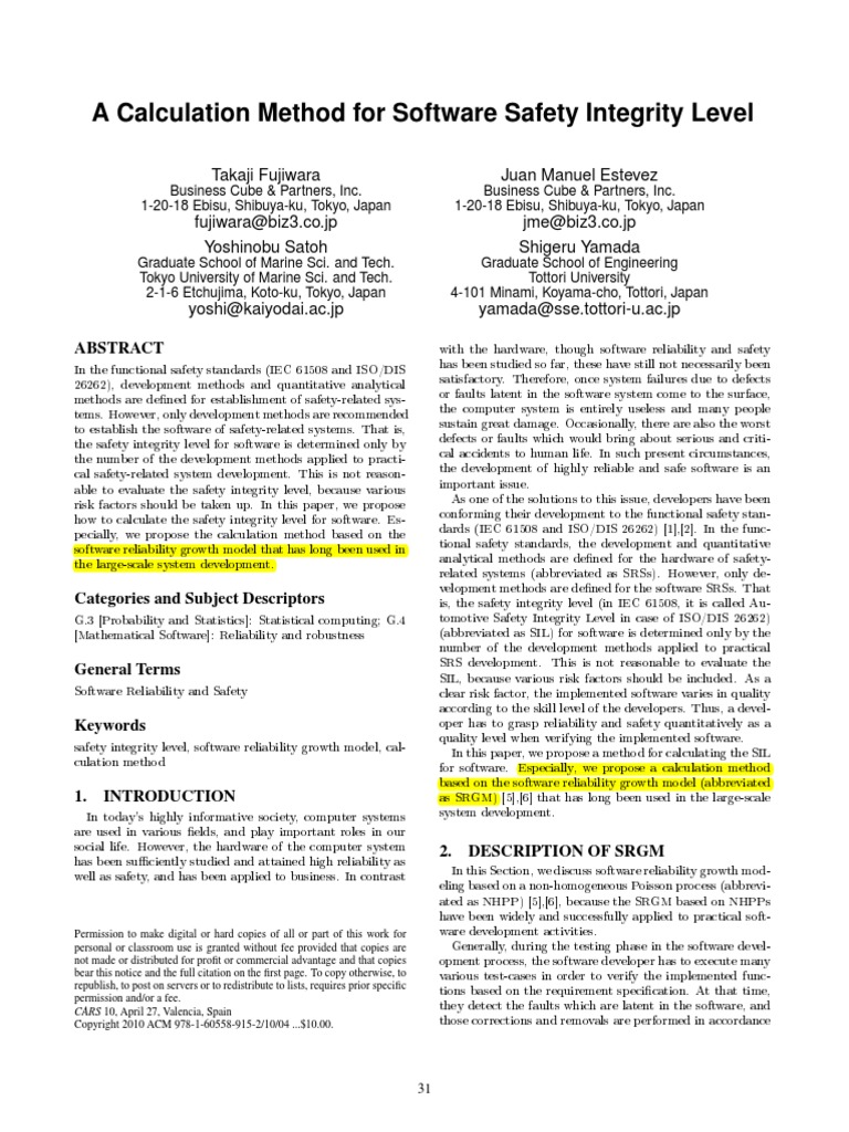 A Calculation Method For Software Safety Integrity Level PDF | PDF ...