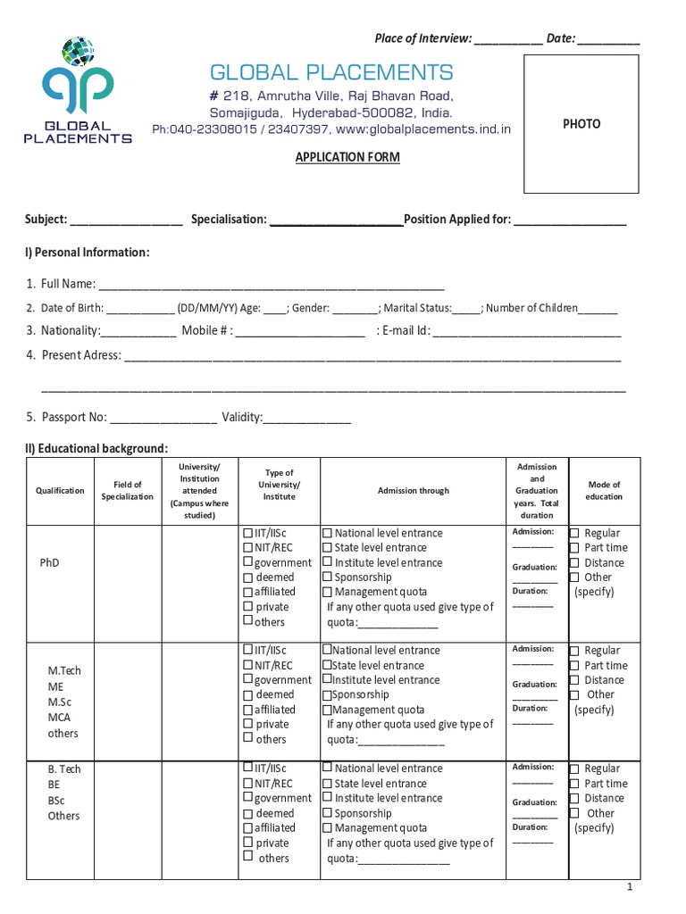 Global Placement Registration Form | PDF | Doctor Of Philosophy | Lecturer