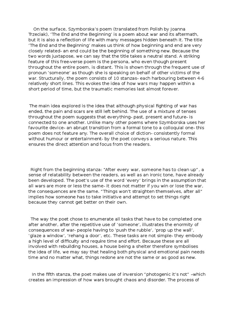 Szymborska's Poem 'The End and the Beginning' Analysis | PDF | Poetry