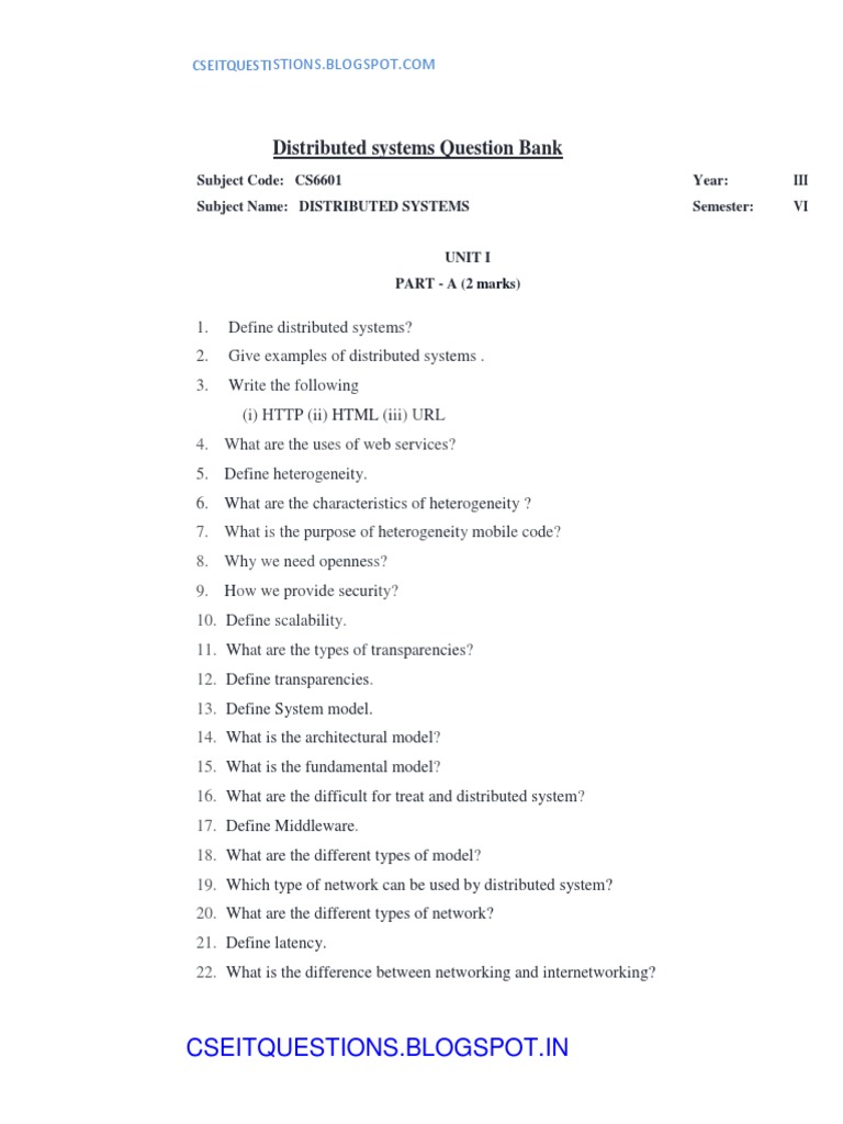 CS6601 Distributed System Question Bank | PDF | Areas Of Computer ...