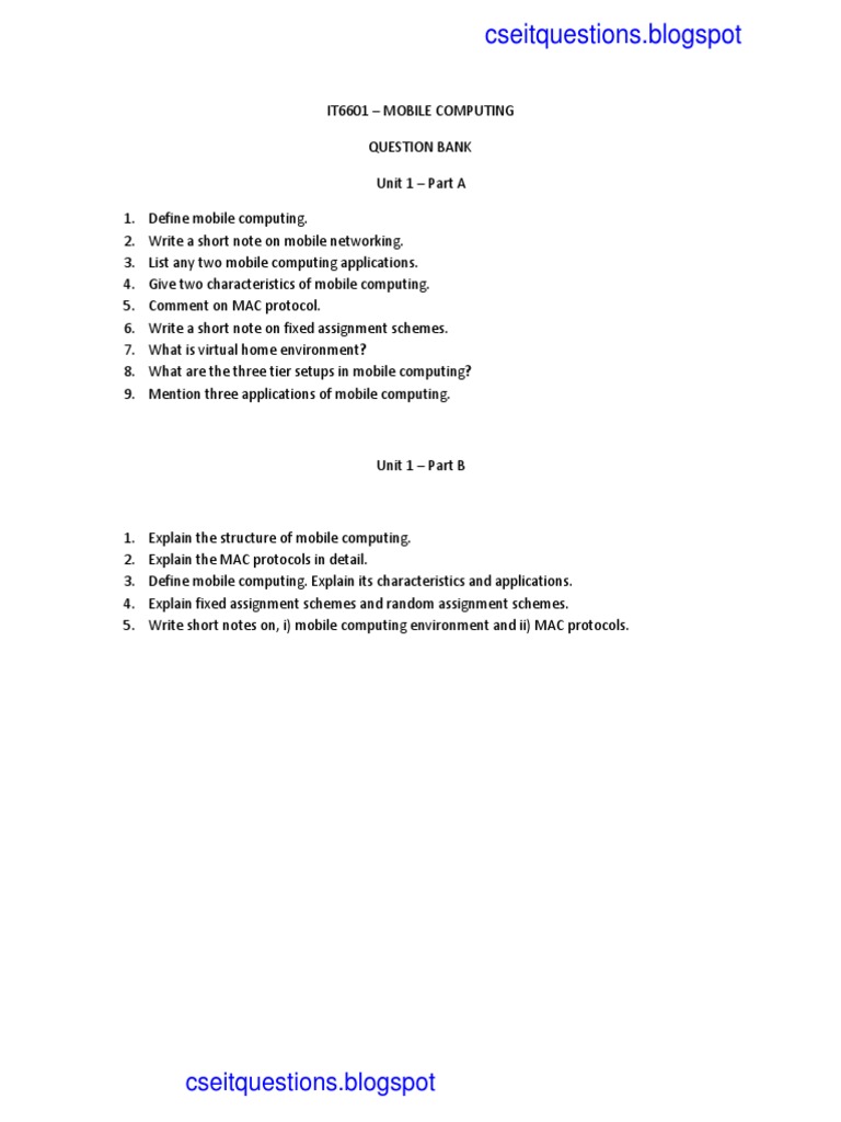 It6601 Mobile Computing Question Bank | PDF | Internet Protocols | Internet Protocol Suite