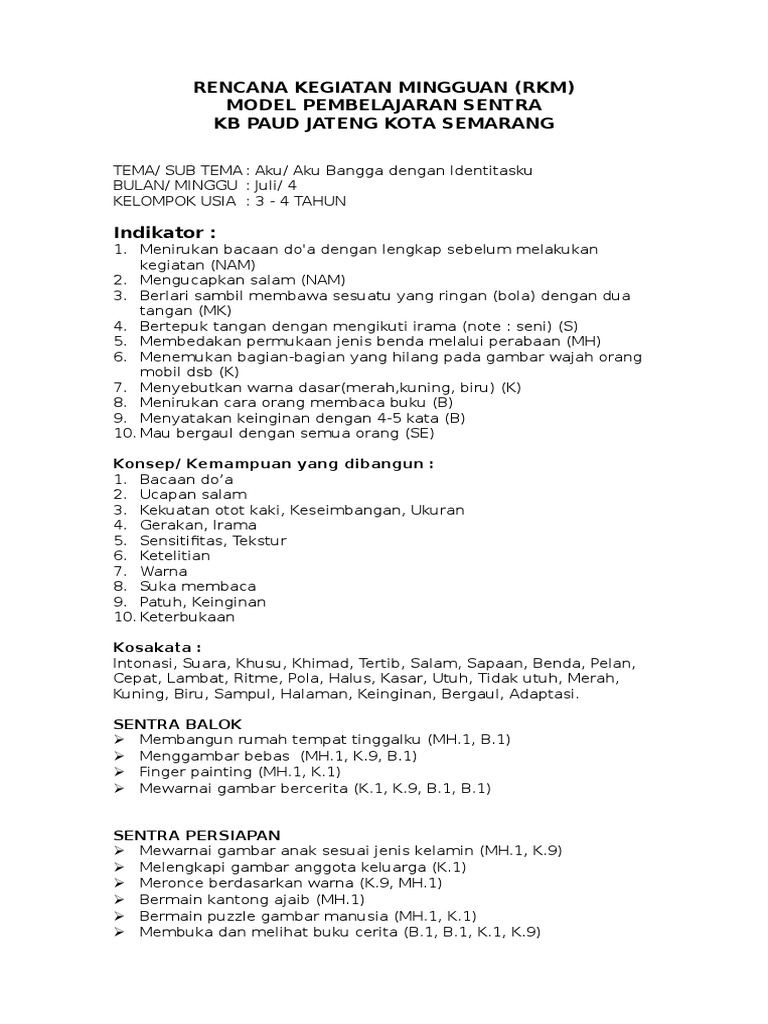 Contoh RKM Paud Model Sentra | PDF