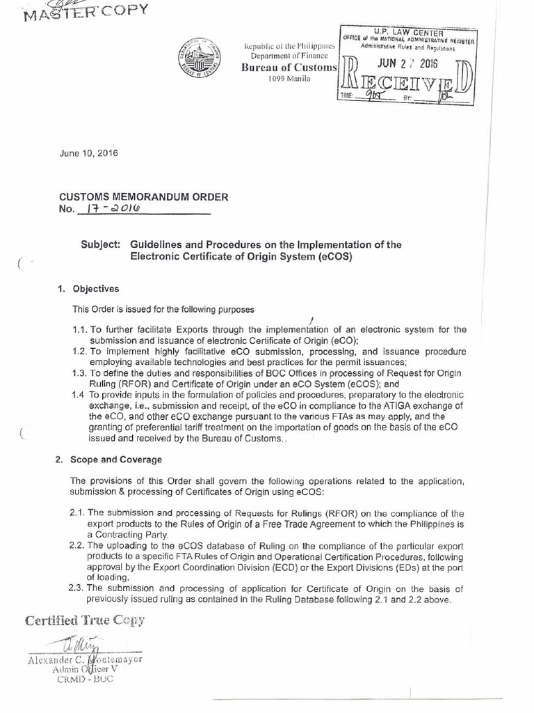 BOC CMO 17 2016 Guidelines Procedures On The Implementation of The Electronic Certificate of ...