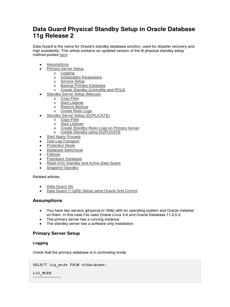 Data Guard Physical Standby Setup In Oracle Database 11g Release 2