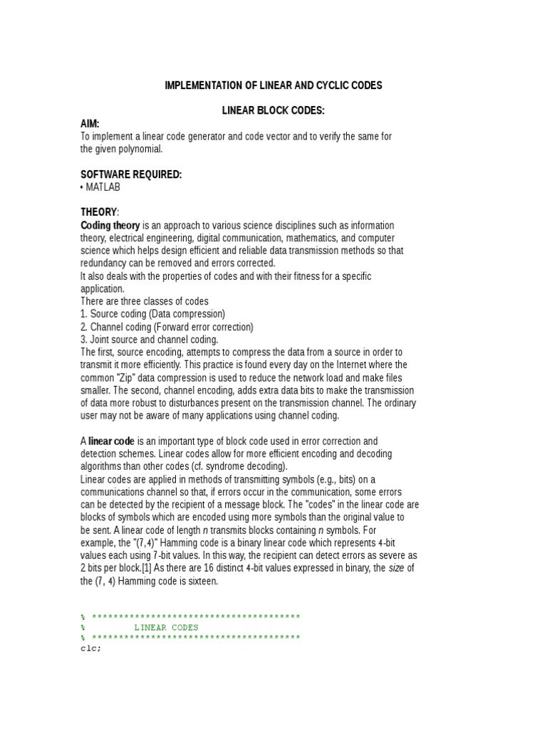 Linear & Cyclic Codes | PDF | Forward Error Correction | Code