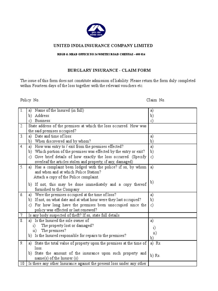 Burglary Insurance Claim Form | PDF | Burglary | Insurance