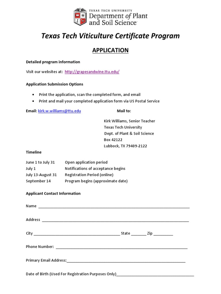 Texas Tech Viticulture Certificate Program: Application | PDF ...