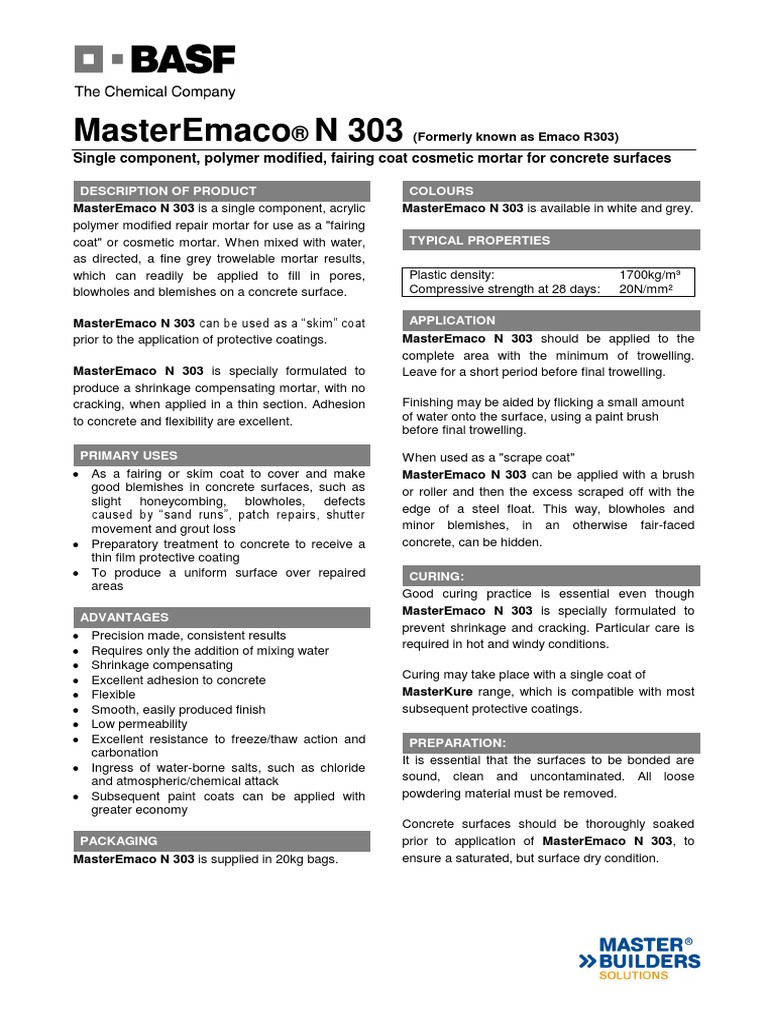 MasterEmaco N 303: Skim Coat Guide | PDF | Mortar (Masonry) | Concrete