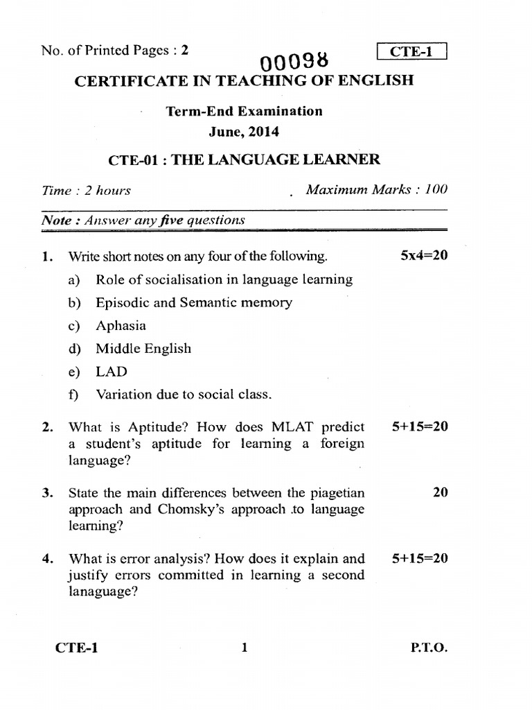 2 0 0 0 9 CTE 1 Certificate in Teaching of English Term-End Examination ...
