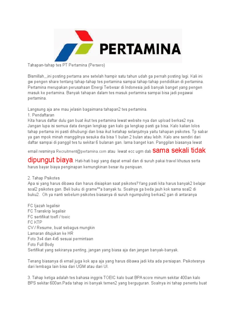 Tahap Seleksi Pertamina | PDF