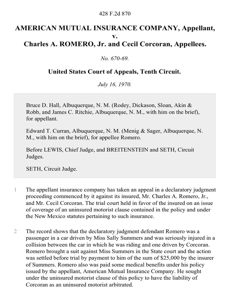 American Mutual Insurance Company v. Charles A. Romero, Jr. and Cecil ...