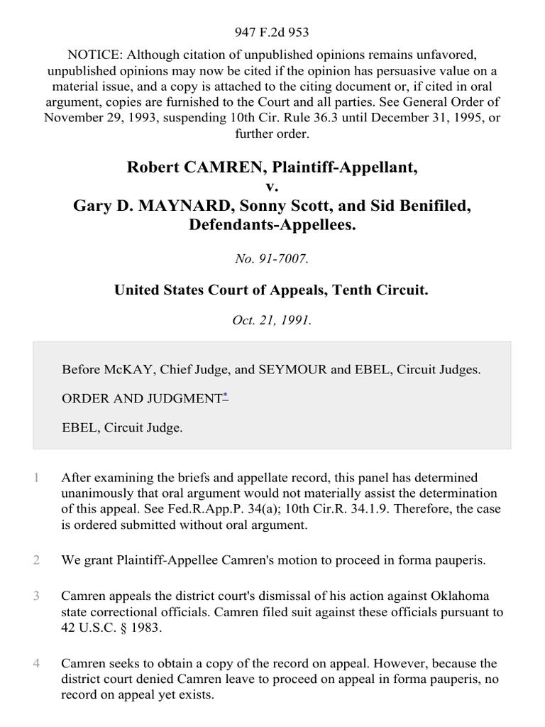 Robert Camren v. Gary D. Maynard, Sonny Scott, and Sid Benifiled, 947 F ...