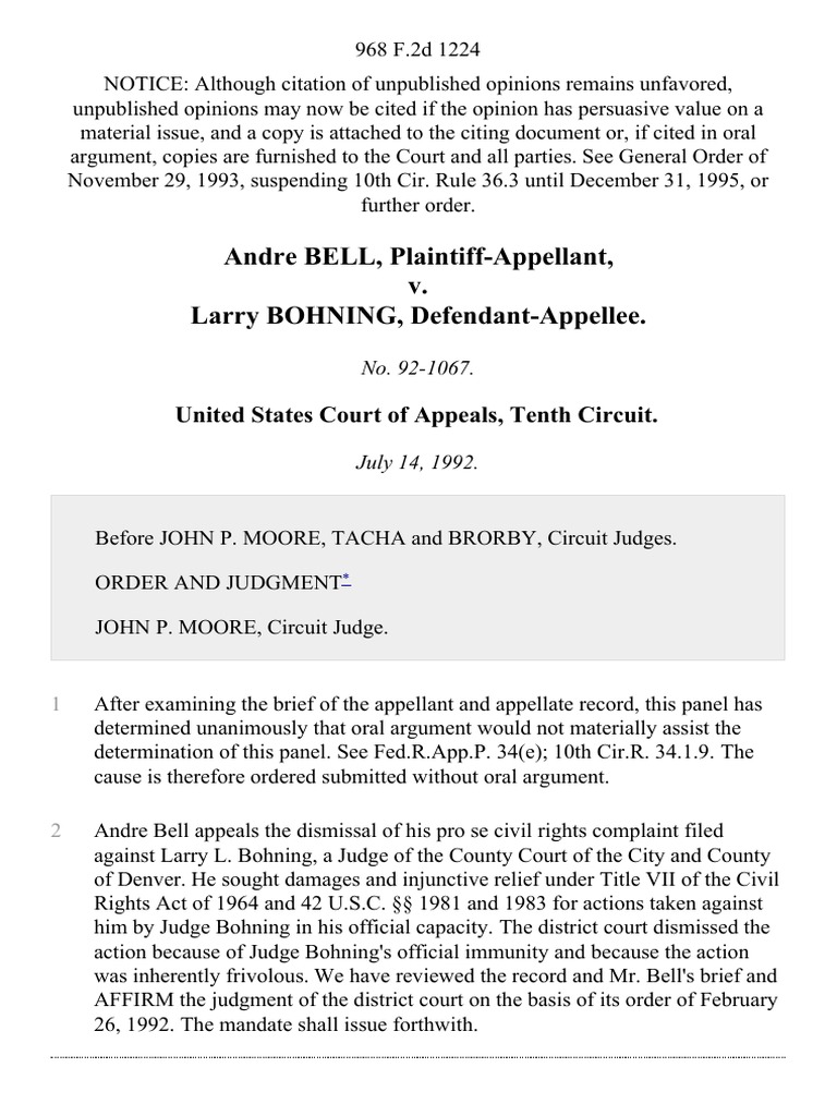 Andre Bell v. Larry Bohning, 968 F.2d 1224, 10th Cir. (1992) | PDF