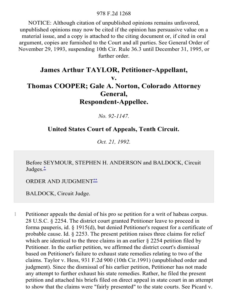 James Arthur Taylor v. Thomas Cooper Gale A. Norton, Colorado Attorney ...