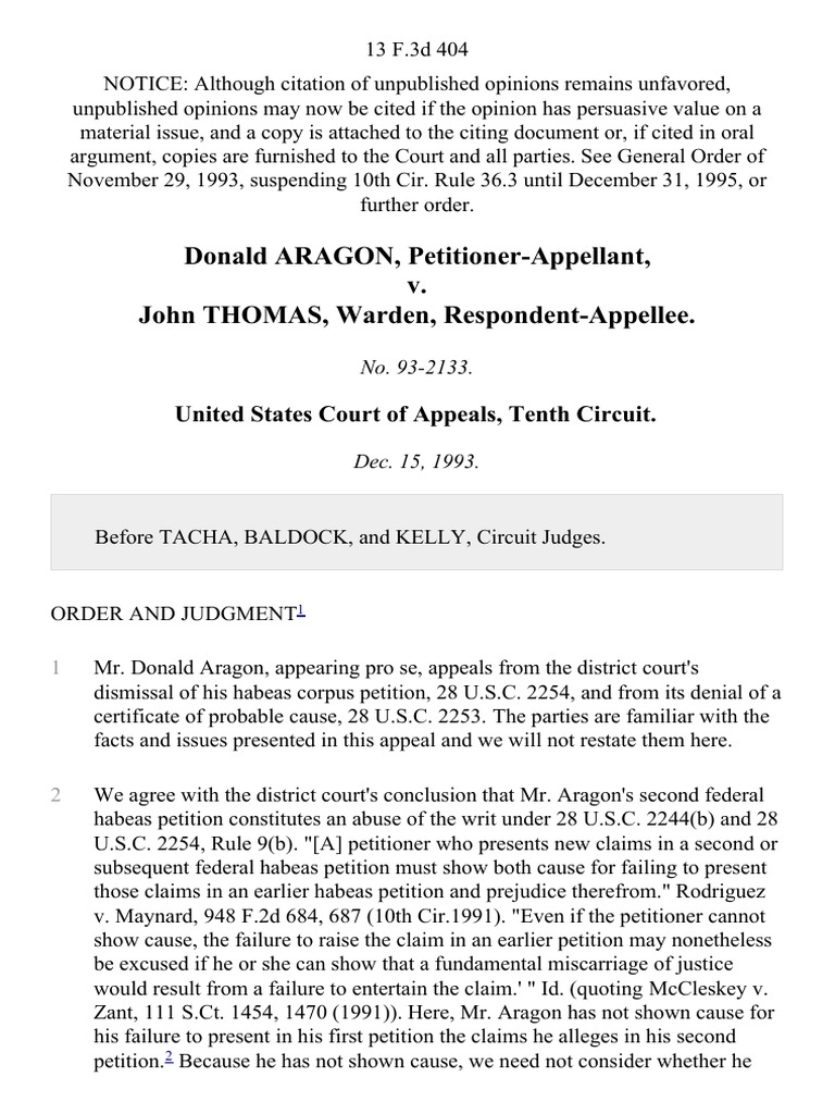 Donald Aragon v. John Thomas, Warden, 13 F.3d 404, 10th Cir. (1993) | PDF