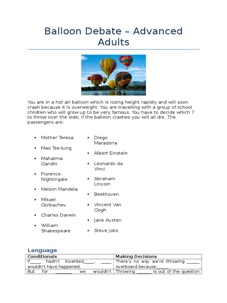 Balloon Debate Adv Adults | PDF | Self-Improvement | Young Adult