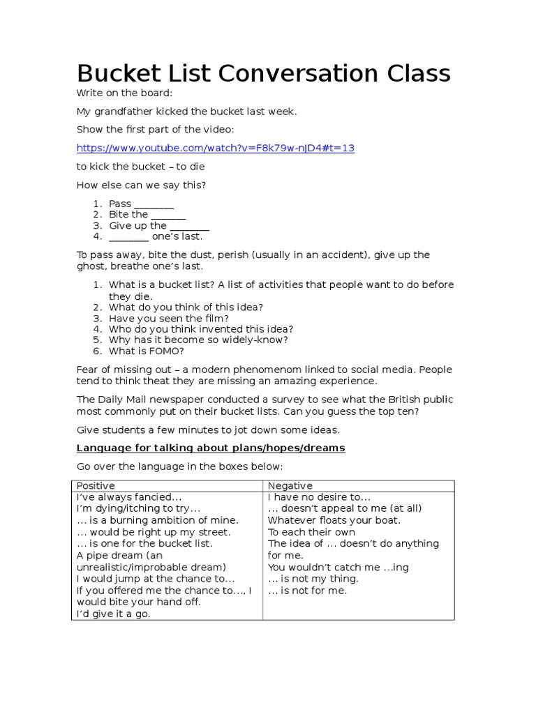 Bucket List Conversation Class Activities | PDF | Leisure