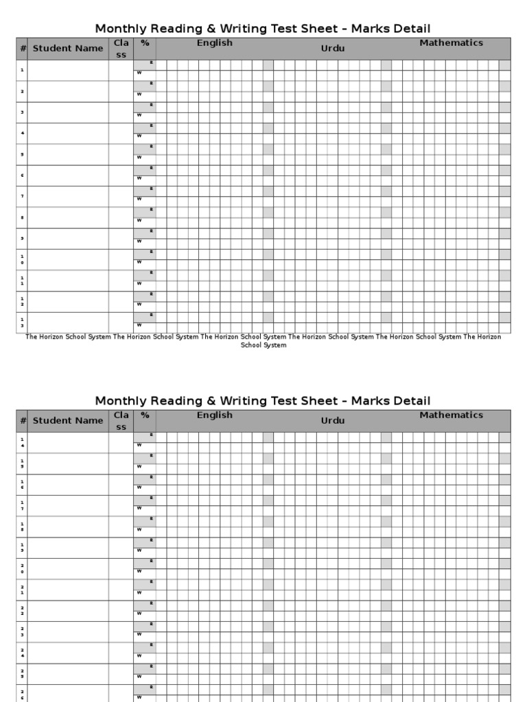 Monthly Test Marks Detail Sheet | PDF