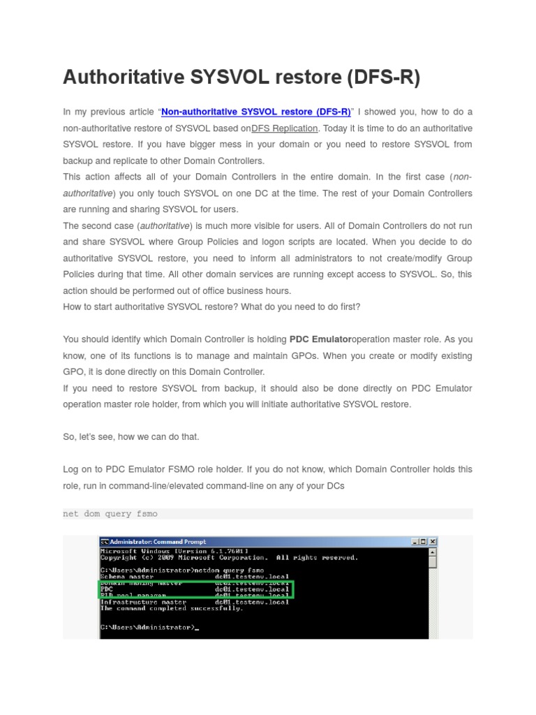 Authoritative SYSVOL Restore | PDF | Active Directory | Information ...